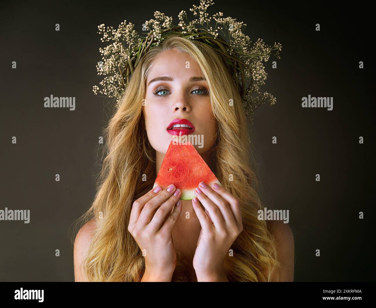 Makeup, woman and beauty portrait with watermelon for forbidden fruit ...