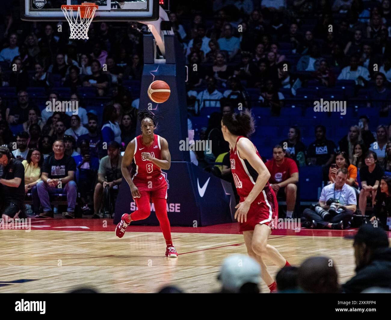 O2 Arena, UK. 23rd July, 2024. Chelsea Gray #8 for Team USA moving the ...