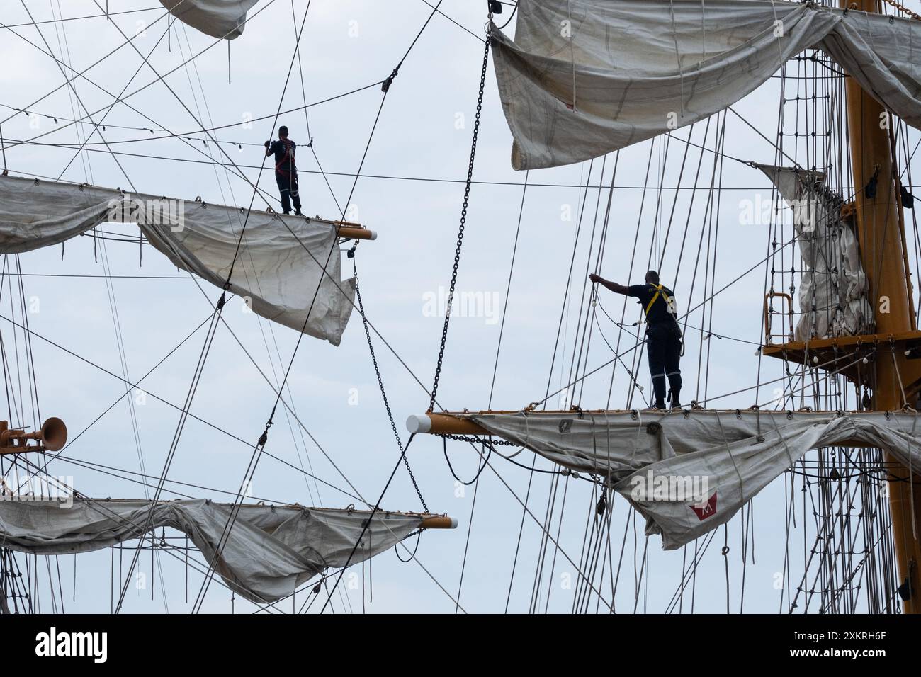 MARIEHAMN, ÅLAND, FINLAND - JULY 24 2024: Lights are hung up by sailors ...