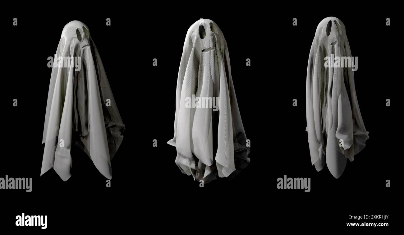 Set of spooky scary Halloween ghosts in bed sheet isolated on black ...