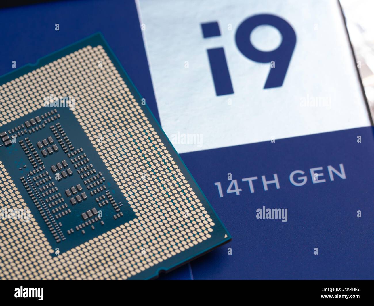 Intel logo on an Intel Core 14th gen i9-14900K processor case, focus on ...