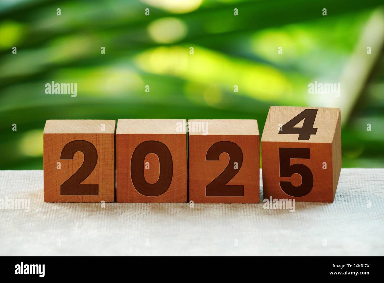 Blocks of 2024 change to blocks of 2025 on bokeh nature background. Concept of resolution ...