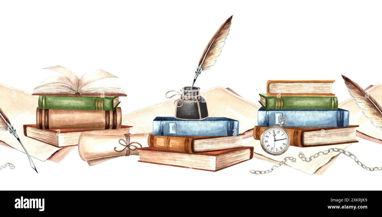 Book stacks with pocket watch and writing supplies. Inkwell, feather ...