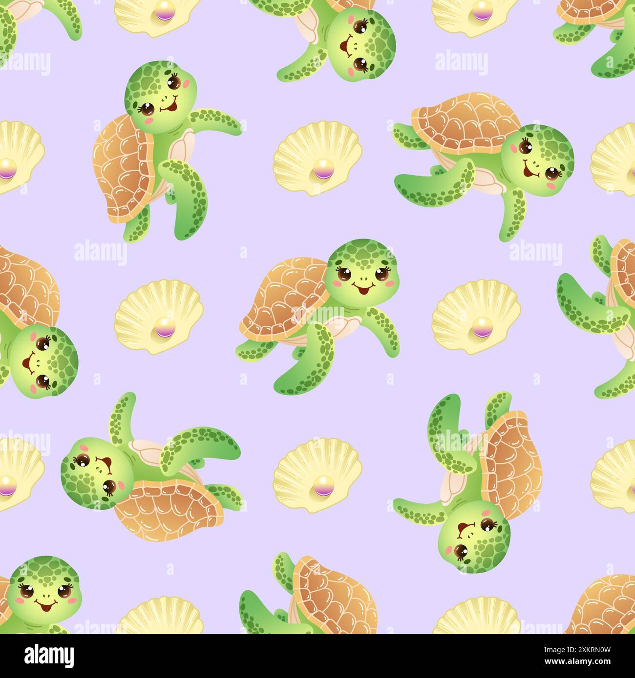 Seamless pattern with cute smiling green turtle floating with shells on ...