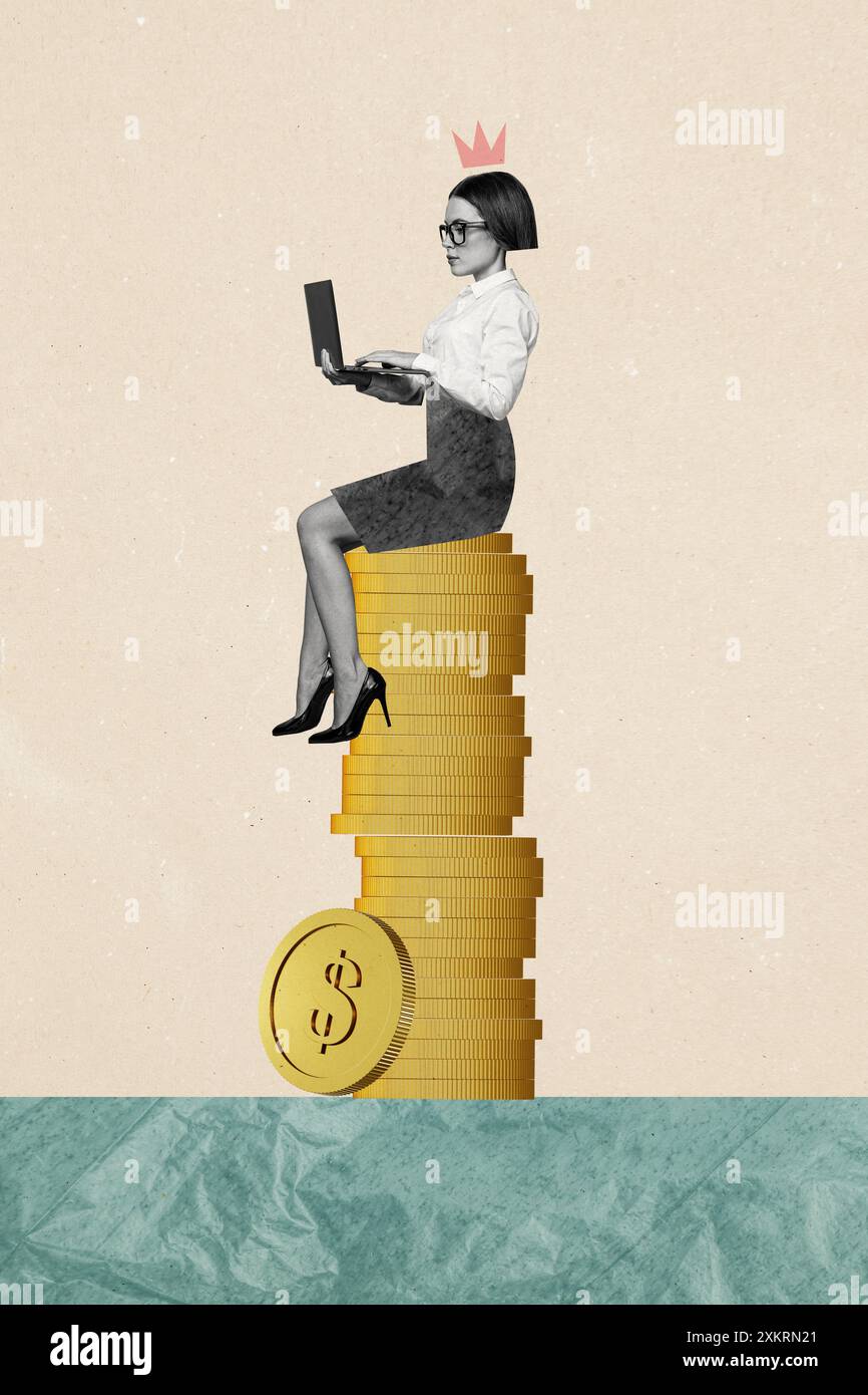 Vertical photo collage of serious businesswoman sit coin stack money ...
