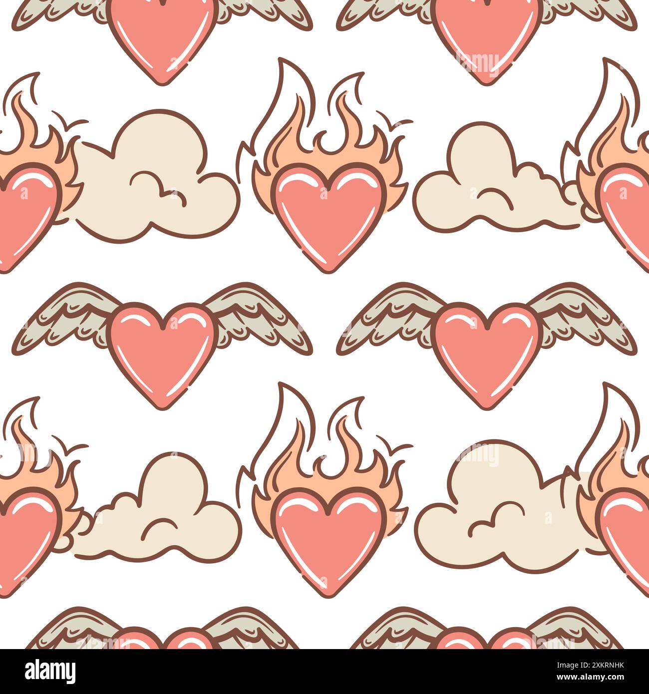 Seamless pattern heart on fire, with angel wings. Vector illustration ...