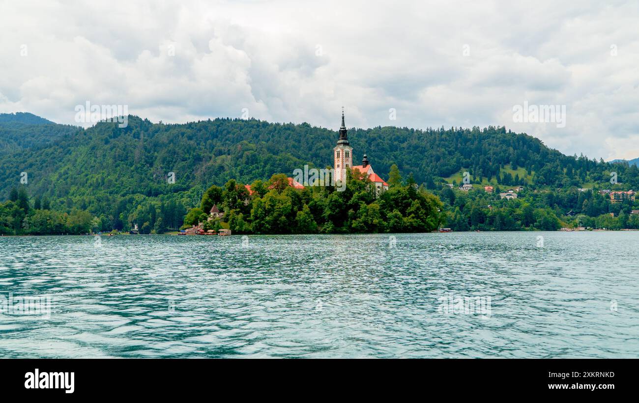 Panoramic view of Lake Bled castle in Lake Bled, Slovenia surrounded by ...