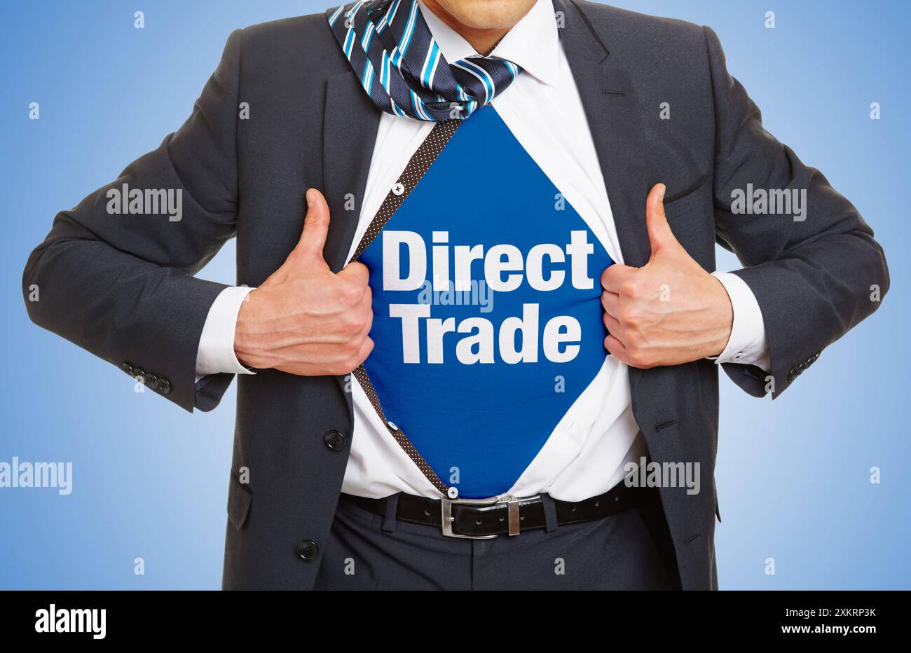 Businessman showing “Direct Trade” lettering under suit as a concept ...