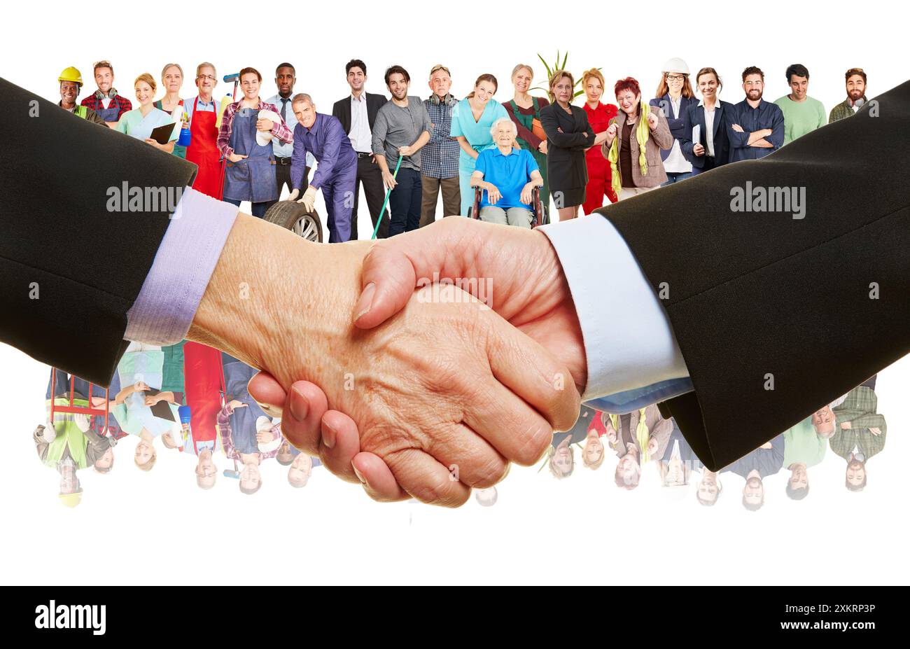 Businessmen shaking hands in front of panorama of adult working people ...