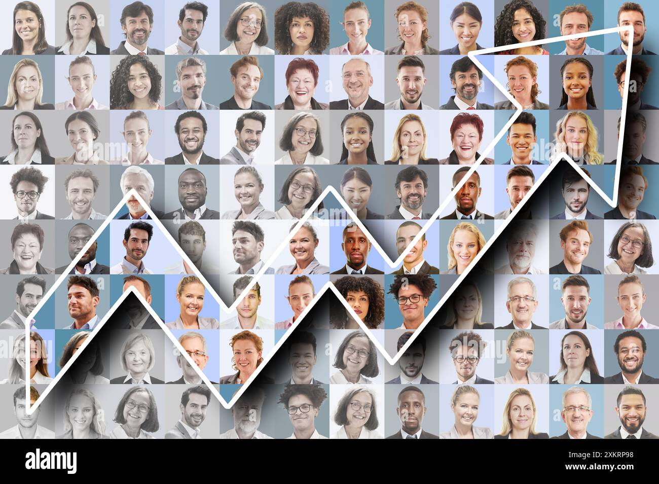 Ascending arrow in front of collage of business portraits as business ...