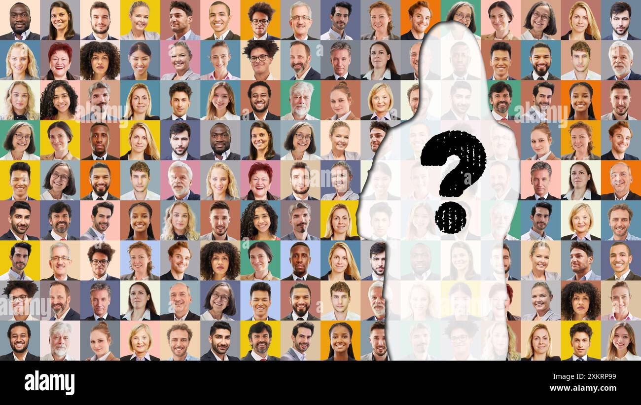 Empty silhouette of a businesswoman in front of portraits of business ...