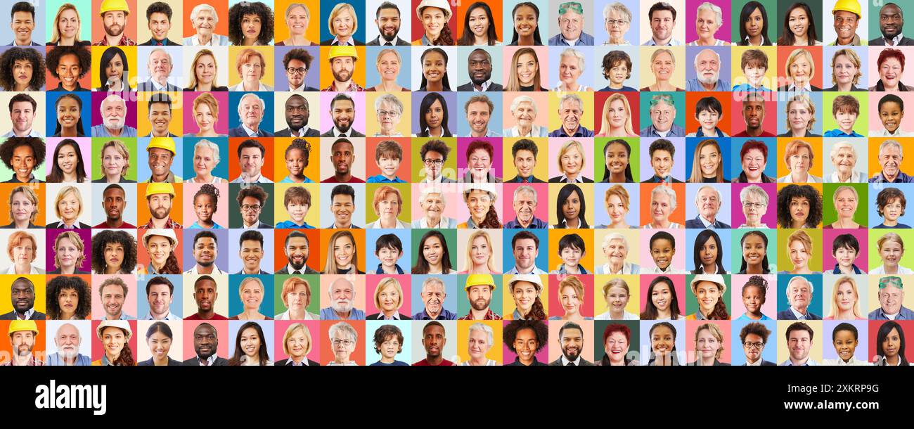 Panorama collage of colorful portraits of people of many generations as ...