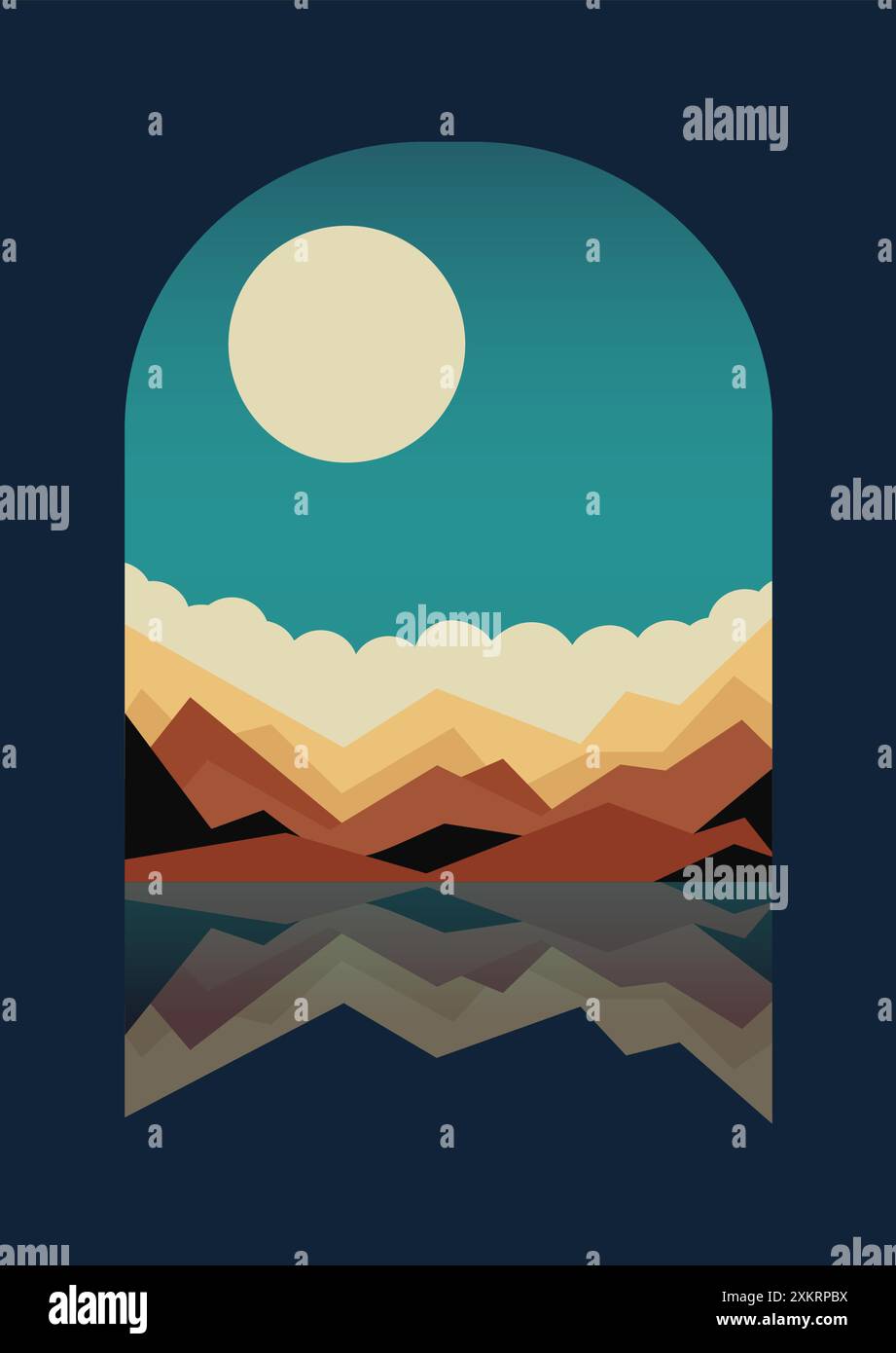 Seaside and mountains landscape illustration view. Dusk panorama near ...