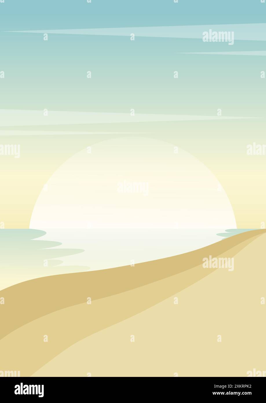 Seaside landscape with waves poster illustration. Marine sunrise vector ...