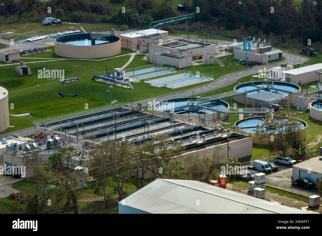 Aerial view of water treatment factory at city wastewater cleaning ...