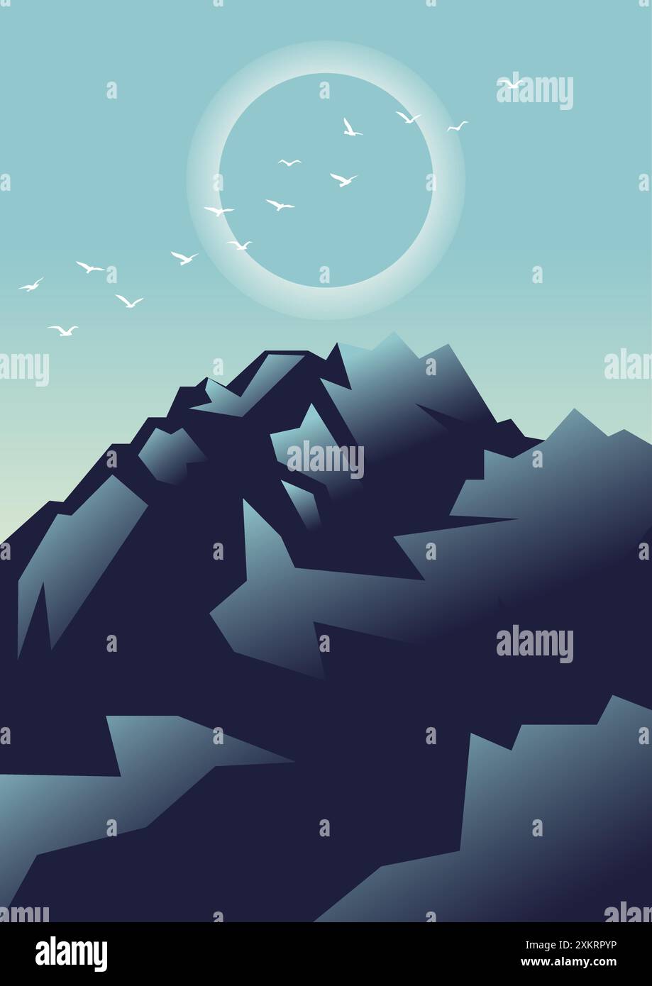 Mountains landscape with peaks and sunset illustration poster ...