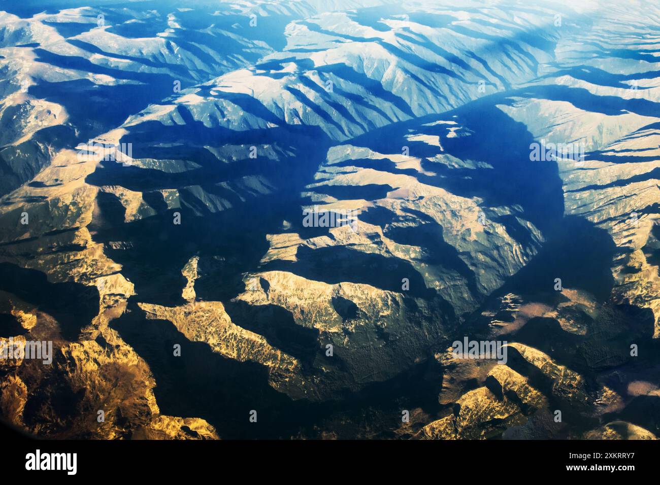 Stunning aerial view of geometric shapes of Balkan mountains, blue ...