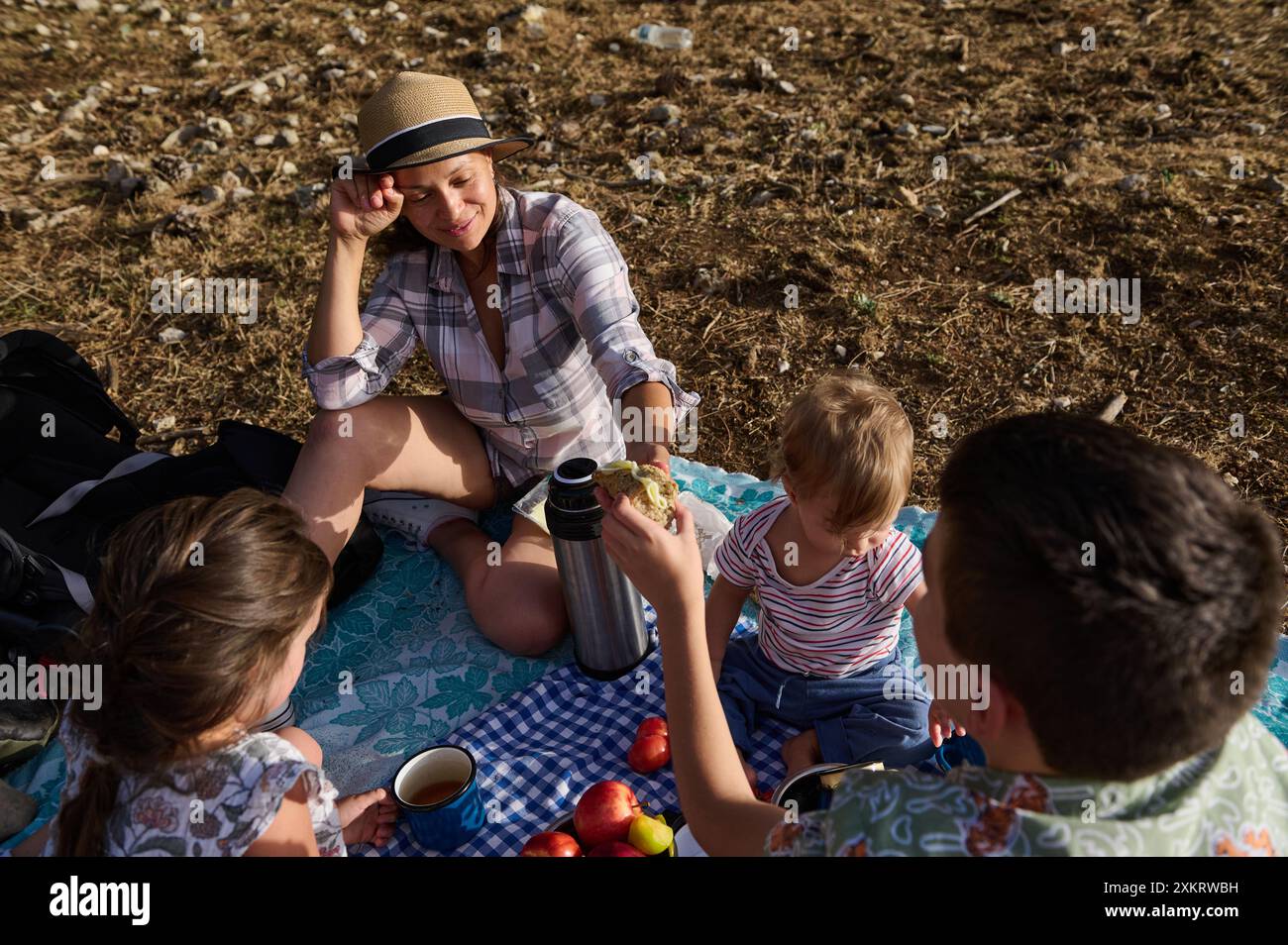 A cheerful family having a picnic on a blanket outdoors, sharing food ...