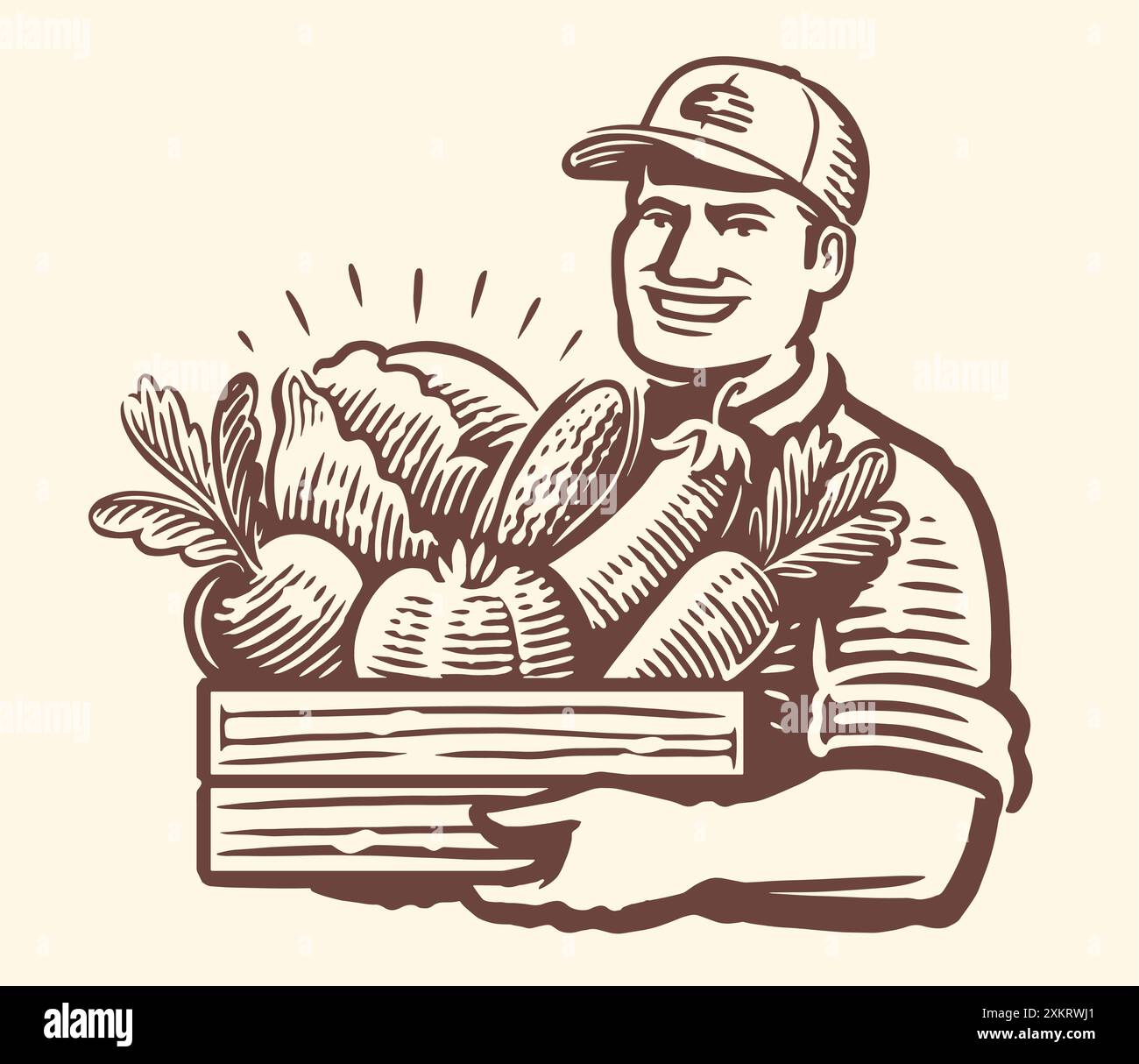 Farmer holding a wooden crate full of fresh vegetables. Organically ...