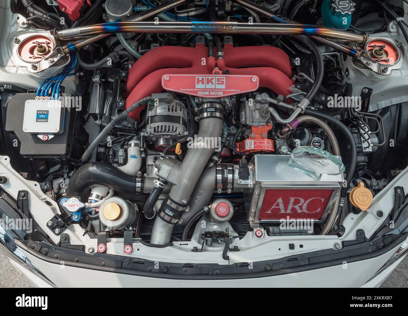 Suzhou, China - March 30, 2019: Modified Subaru engine bay with ...