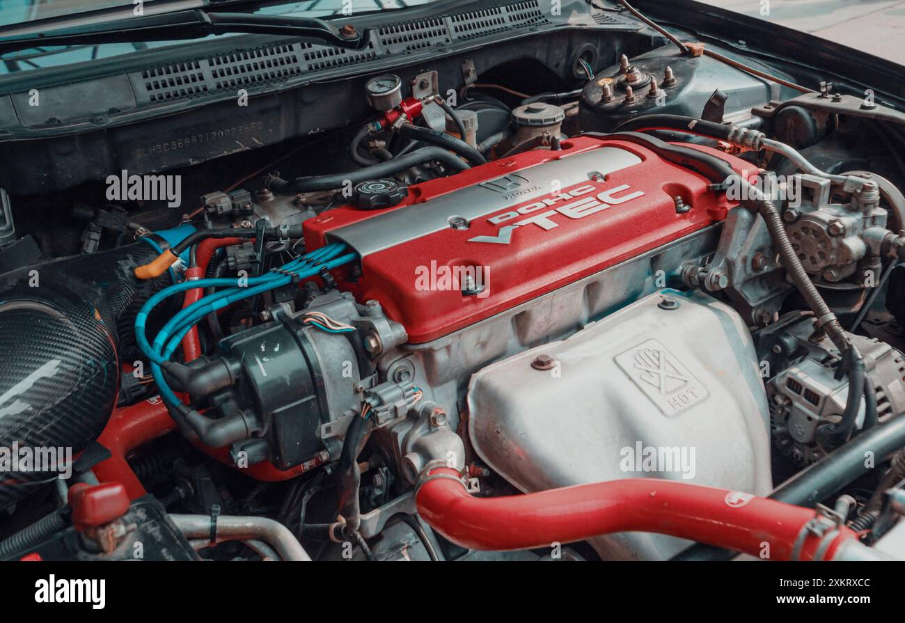 Suzhou, China - March 30, 2019: Close up of a modified honda engine bay ...