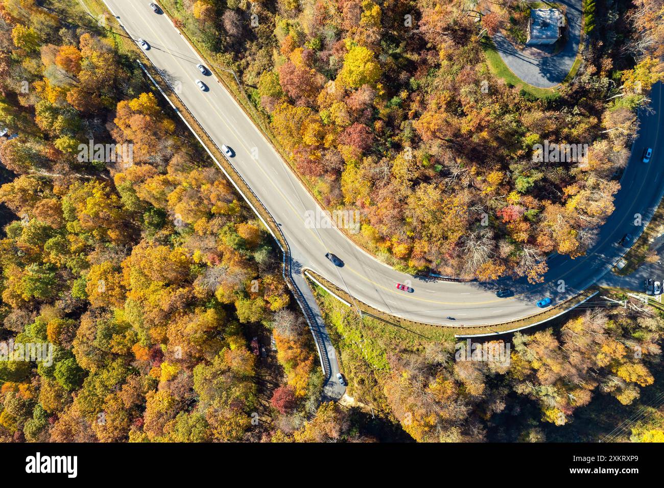 Freeway road with fast moving traffic cars and trucks in North Carolina ...