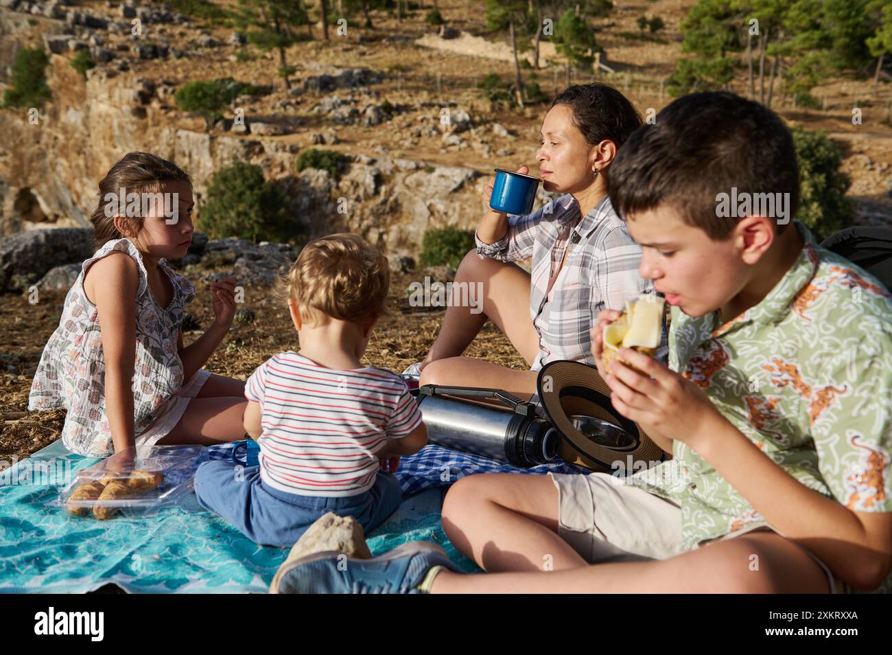 A family enjoying a picnic in a scenic outdoor setting. The mother and ...