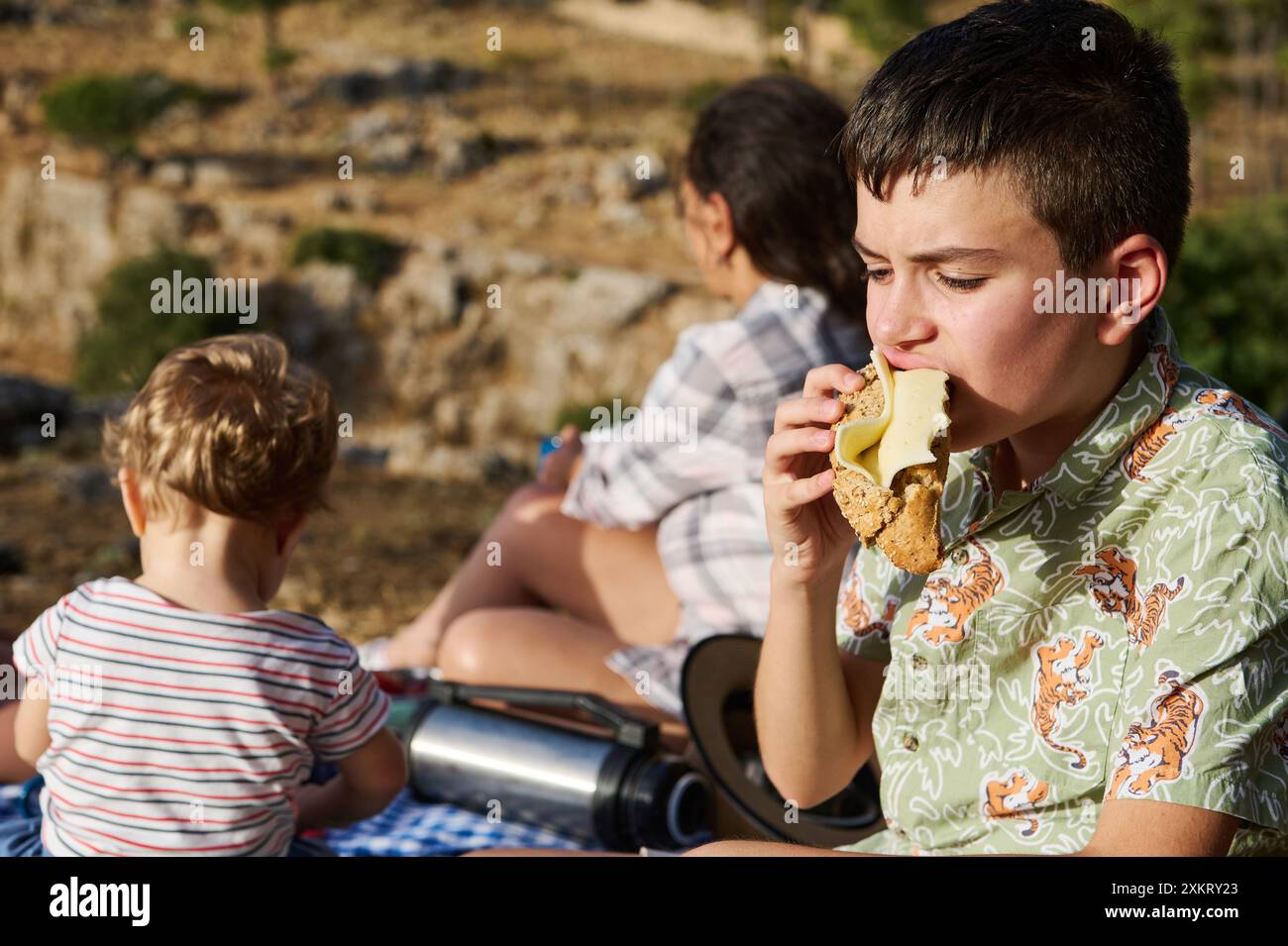 Cheerful family enjoying a picnic in a scenic outdoor setting. Kids ...