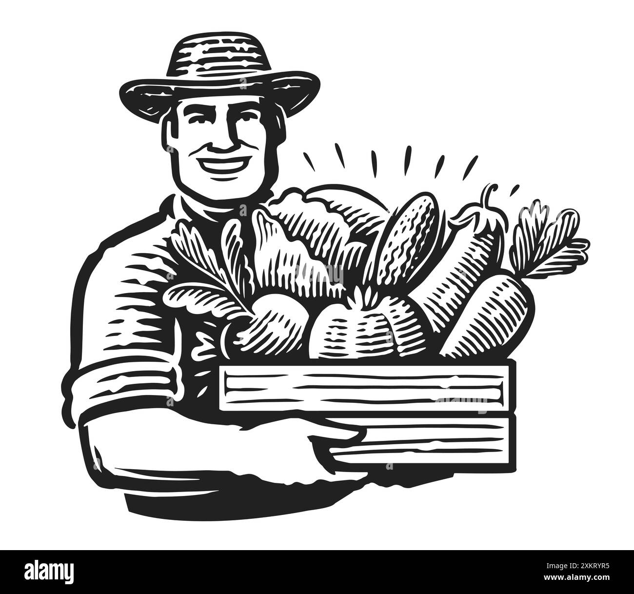 Male farmer holding wooden box with fresh vegetables. Farm organic food ...