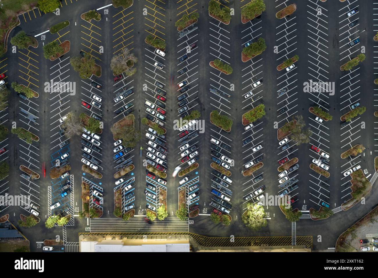 Many parked cars on store parking lot with lines and markings for ...