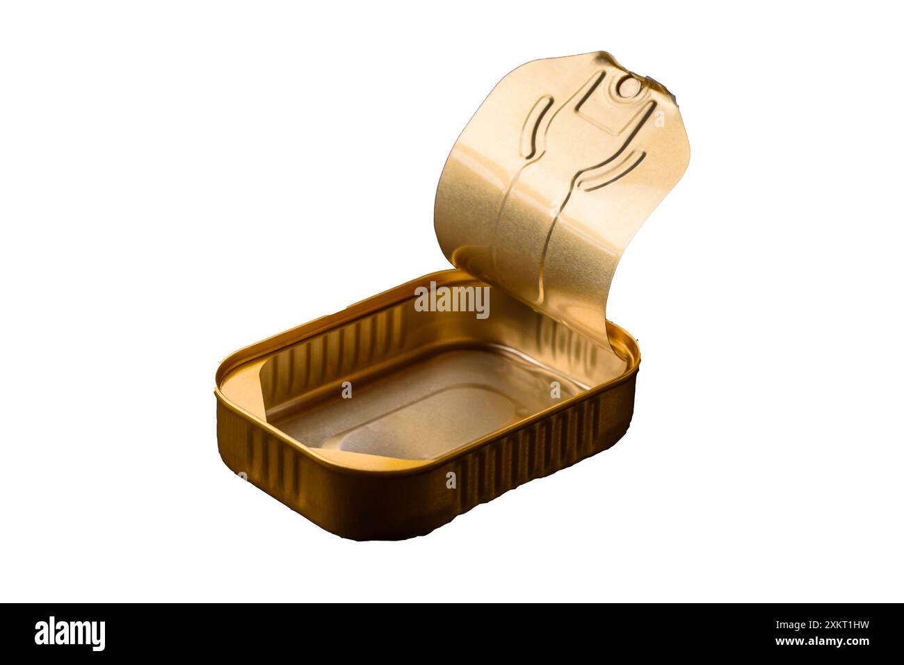 Tin or aluminum opened rectangular can of canned food with a key on a ...