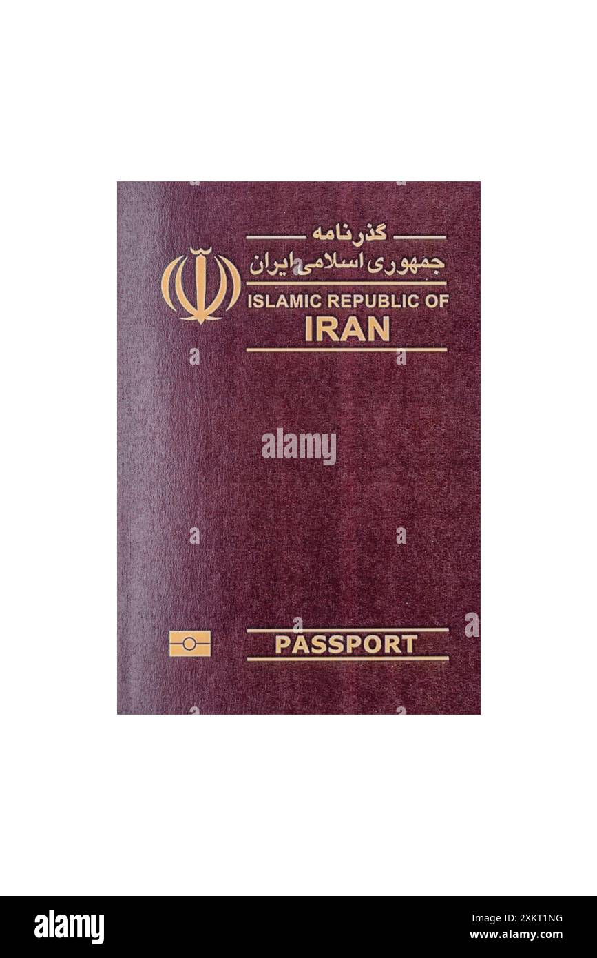Physical paper international passport of Iranian citizen on a blue ...