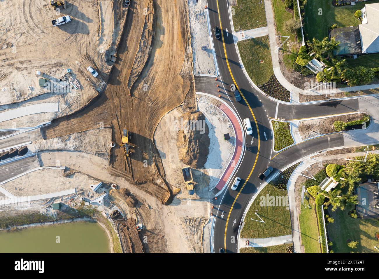Roadworks construction site at roundabout intersection on American ...