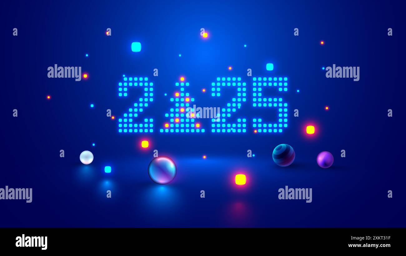 2025 digits, Christmas tree consist glowing pixels in technology style ...