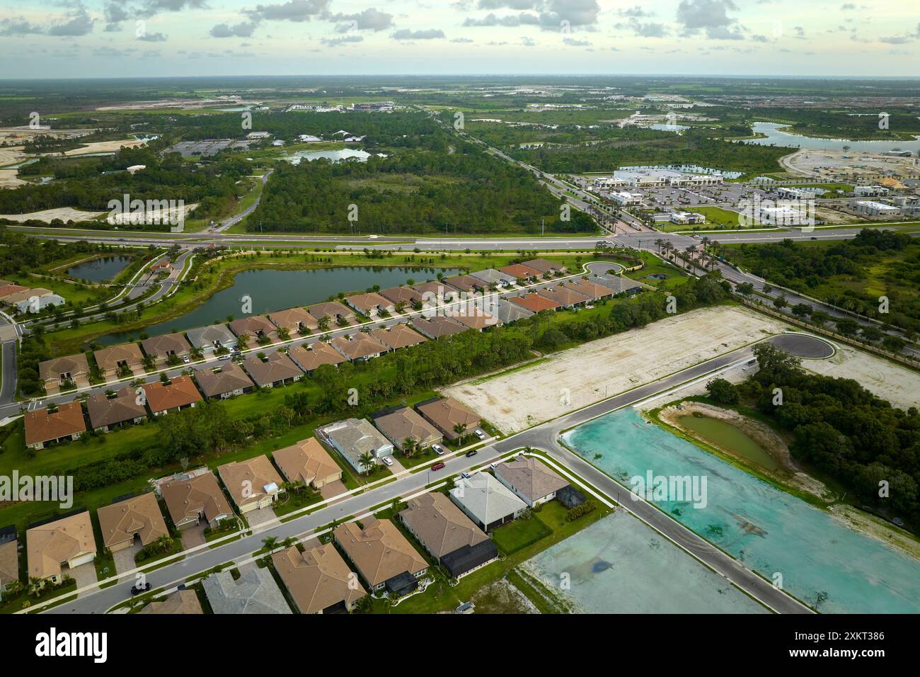 View from above of densely built residential houses under construction ...