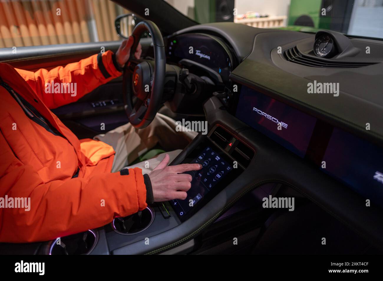 male hands on steering wheel, Interior, cockpit Porsche Taycan Turbo S ...