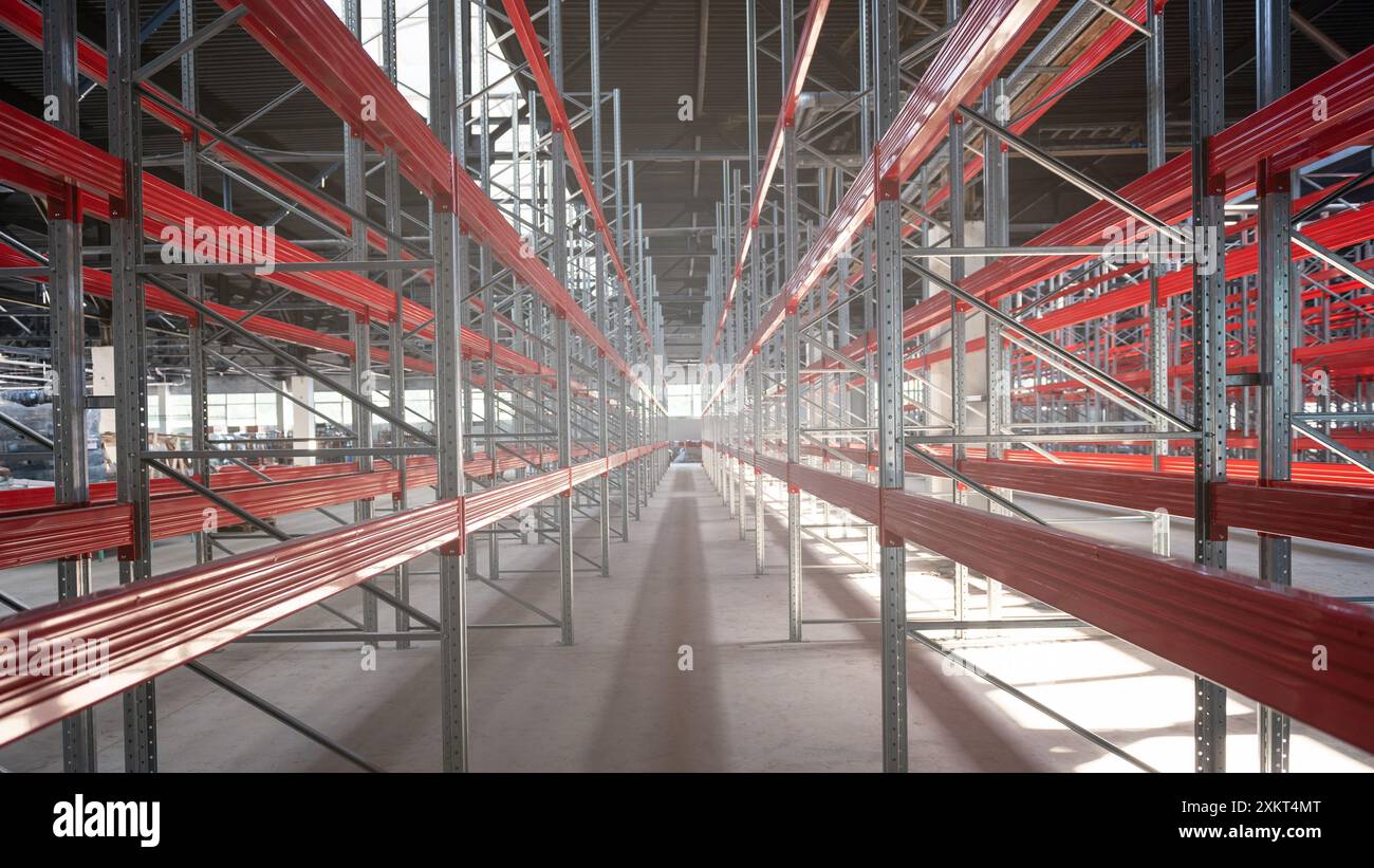 logistics warehouse concept with empty high pallet racks, shelving ...