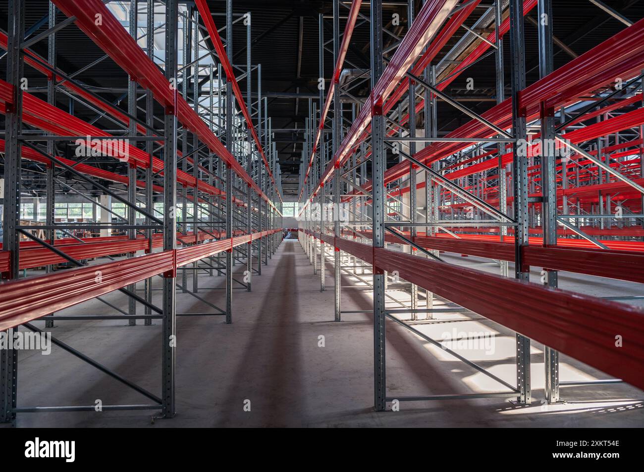 logistics warehouse concept with empty high pallet racks, shelving ...
