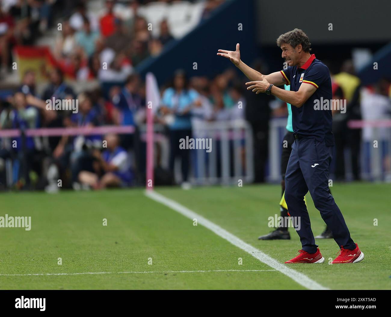 Paris, France. 24th July, 2024. Spain's head coach Santi Denia gestures ...
