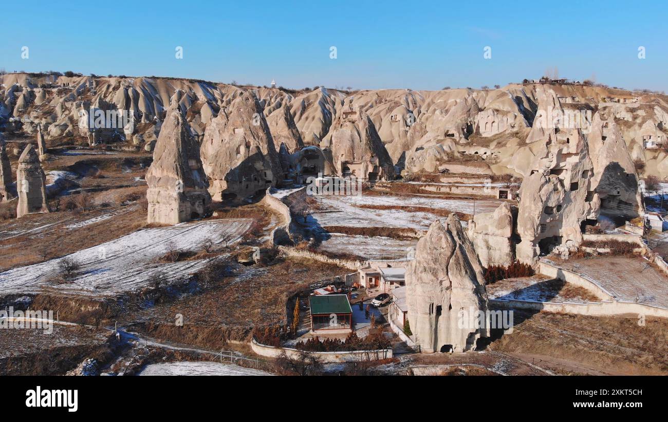 Aerial view of fairy chimney rock formation in Goreme Valley and ...