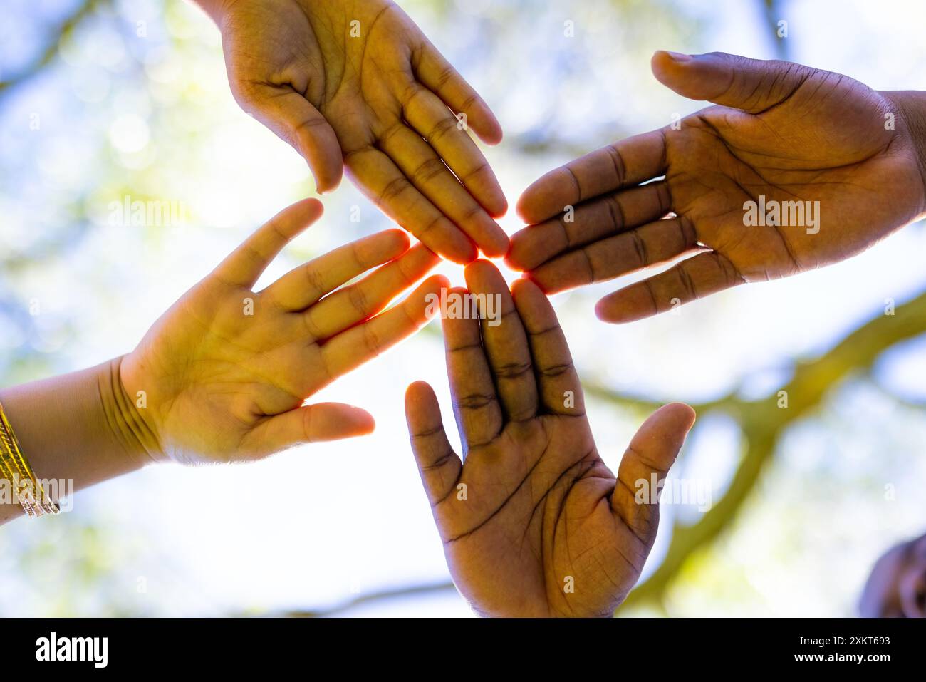 Creating circle by joining hands, friends outdoors symbolizing unity and friendship Stock Photo ...