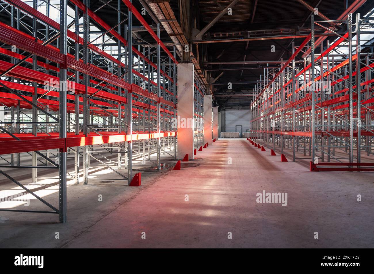 logistics warehouse concept with empty high pallet racks, shelving ...