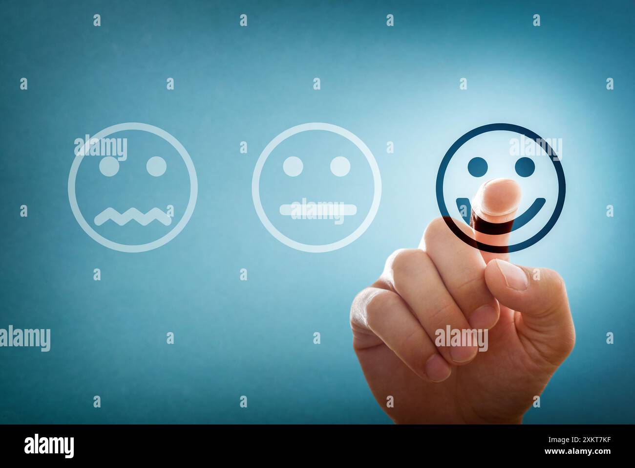 Hand selecting happy drawn emoticon from three options as positive ...