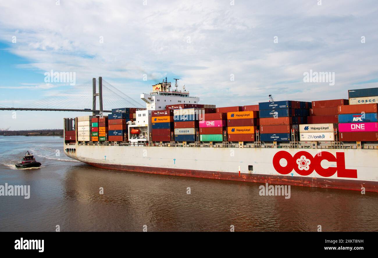 Savannha, Georgia, USA - 21 February 2024: A Cargo Ship with containers ...