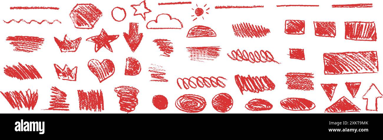 Red underline pencil hand drawn various ellipses, crowns, doodle cloud ...