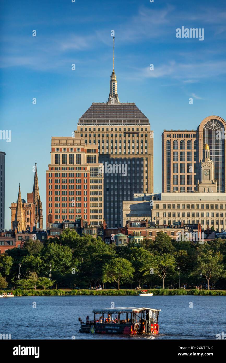 Skyline and Boston Duck Tours boat on Charles River, Boston ...
