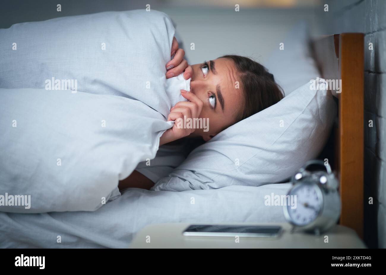 Anxiety And Insomnia. Scared Girl Lying In Bed Unable To Get To Sleep ...