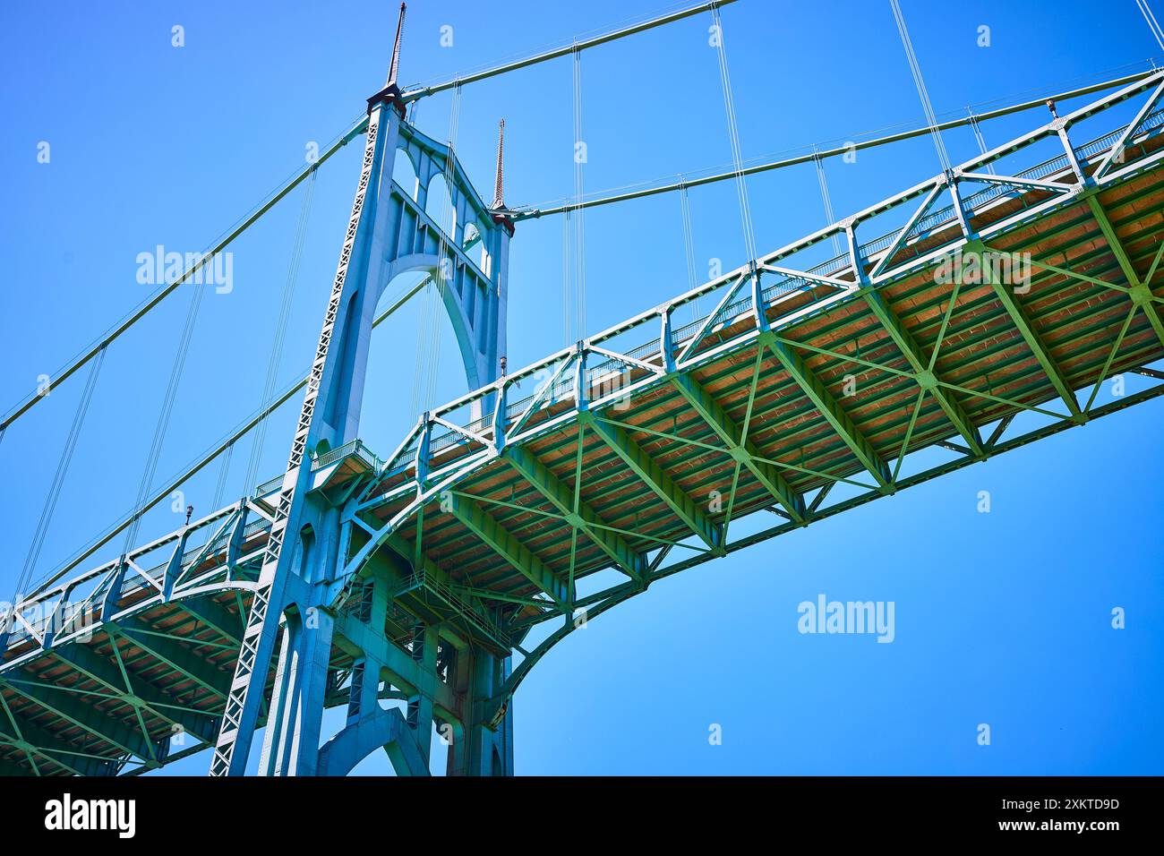 St Johns Bridge Teal Towers and Cables from Low Upward Angle Portland ...