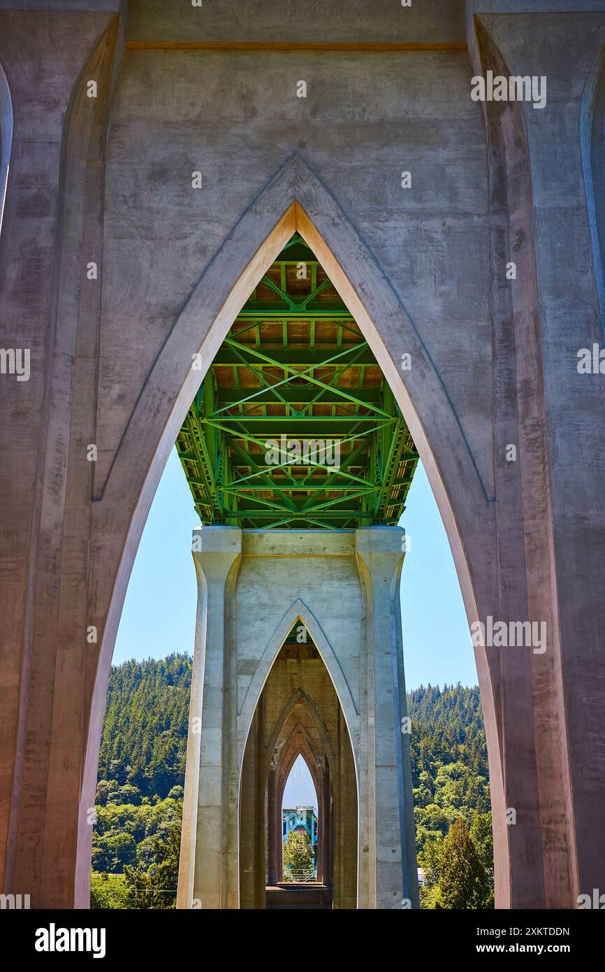 St Johns Bridge Cathedral Gothic Arches and Steel Framework from Ground ...