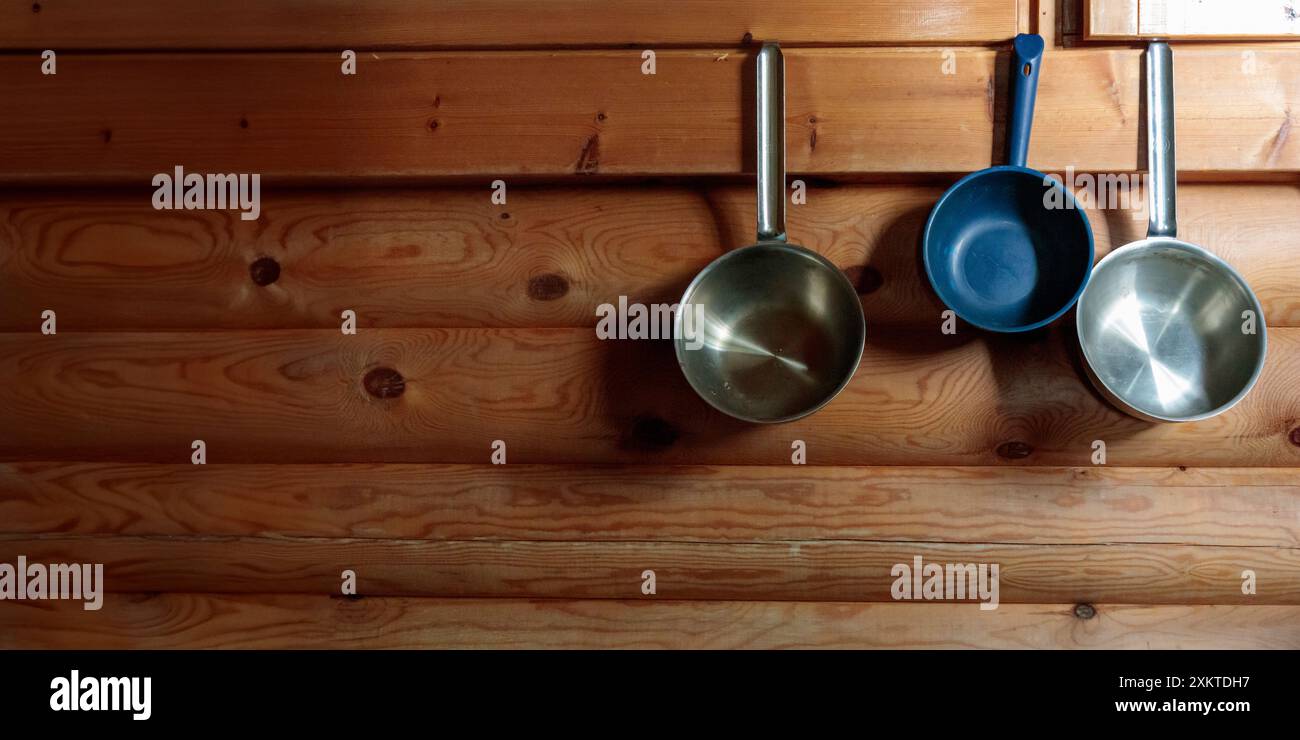 Finnish traditional wood sauna, accessory in steam room, metal and ...